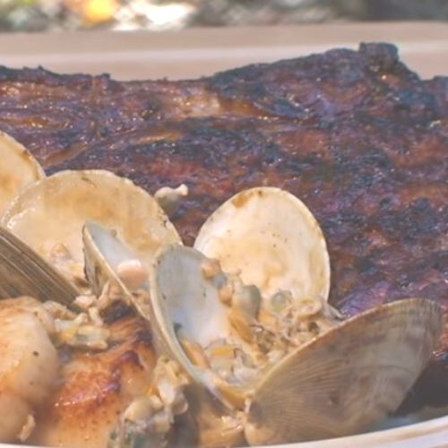 Rib Steak And Scallops With Clam Sauce - BBQRecipes.com